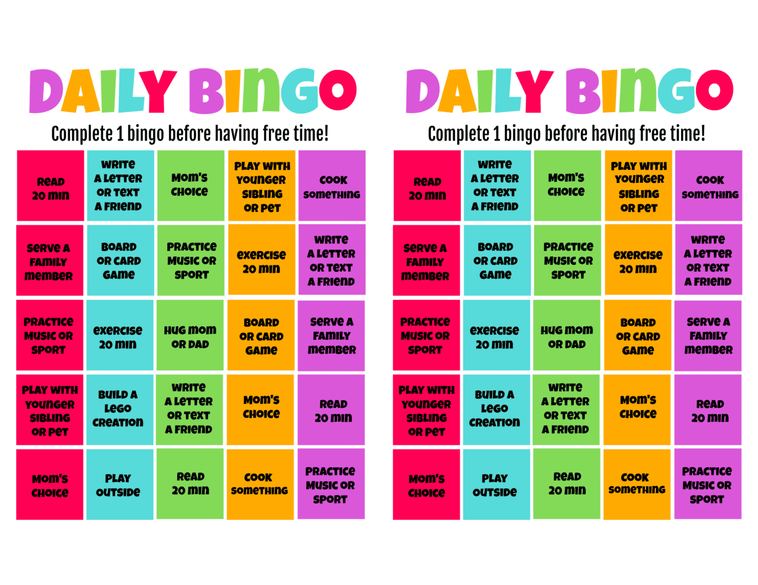 Daily Bingo Activity Cards for Kids: Fun Daily Activities - Gluesticks Blog